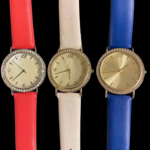 Accutime | Accessories | Set Of 3 Watches Wrhinestonesredwhite Blue ...
